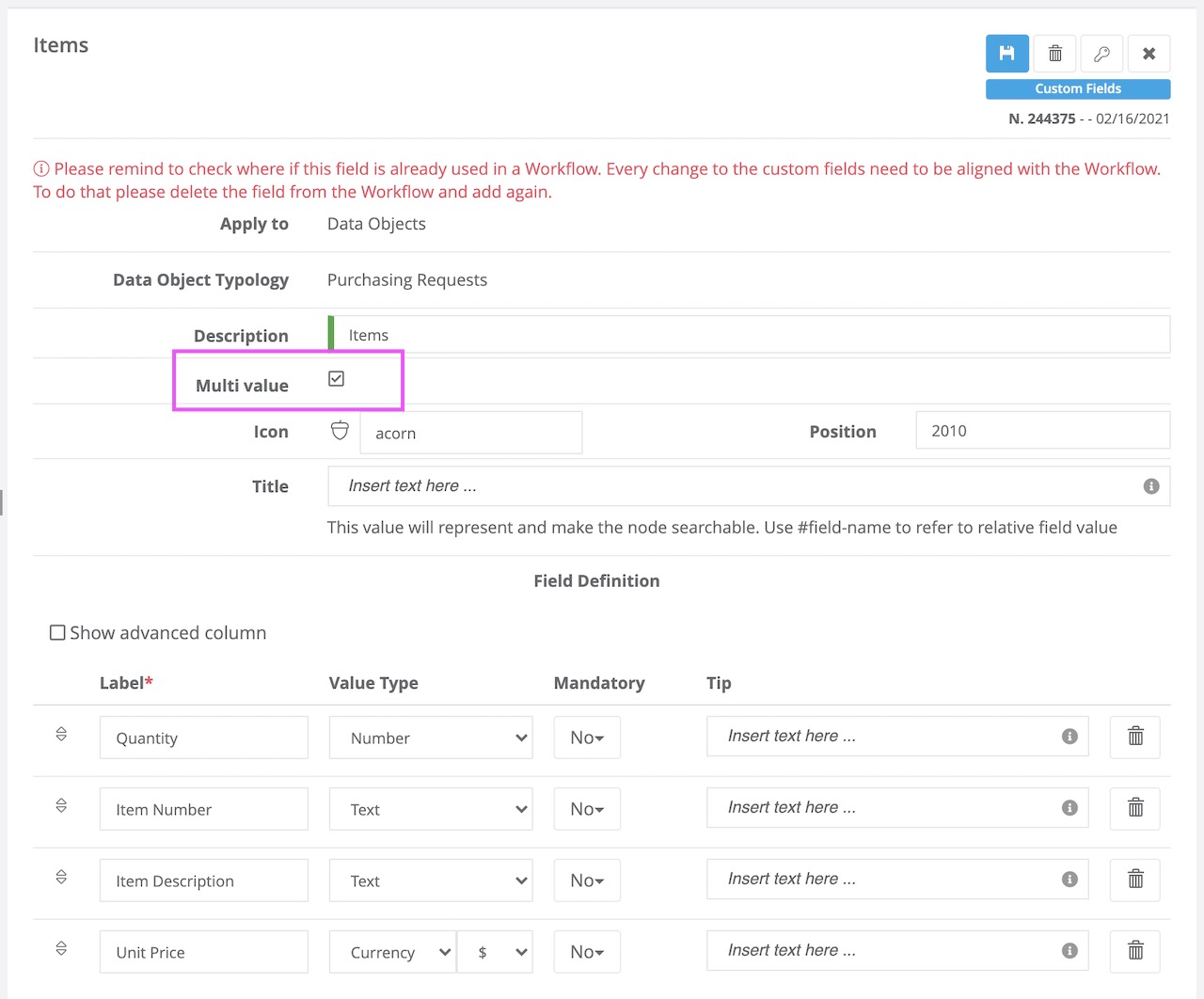 Data Object With Multi value Fields Virtus Flow
